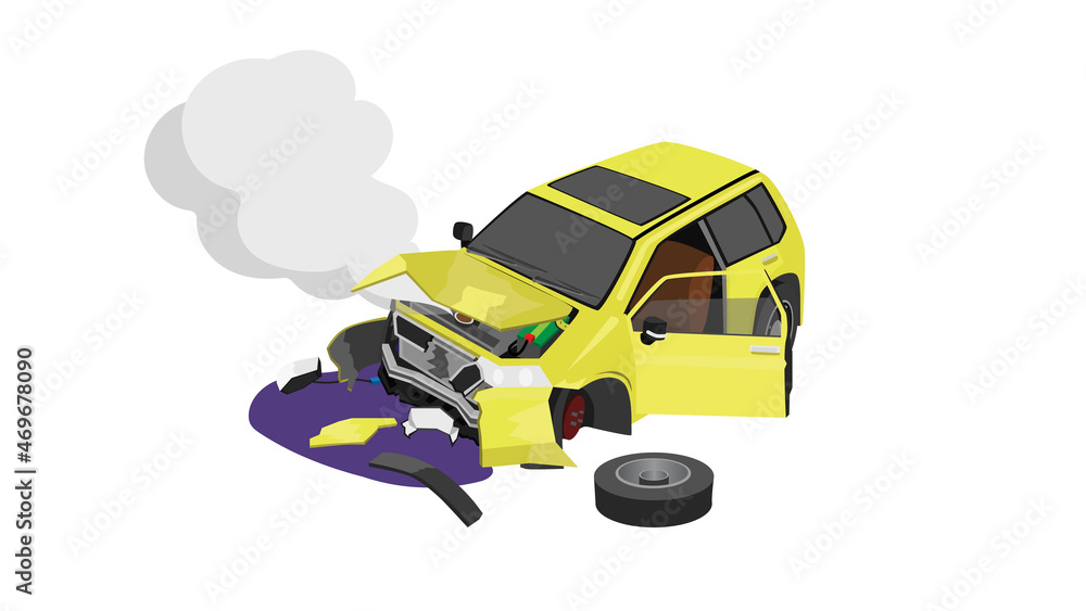 Cartoon accident picture of yellow a passenger car. Bonnet was opened ...