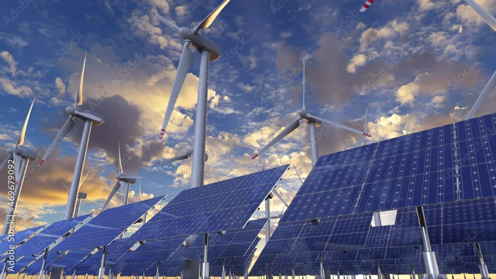 Vidéo Stock Solar and windmill farm produces renewable energy at the ...