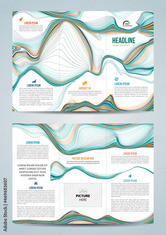 Vector tri-fold brochure template with liquid, marble texture, line in ...
