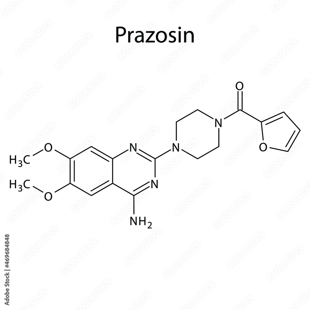 Prazosin molecular structure, flat skeletal chemical formula. Alpha ...