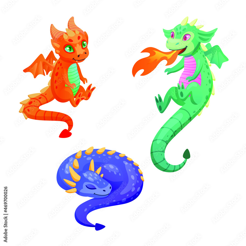 Cute dragon characters, dragon sleeps, dragon spews fire, cartoon ...