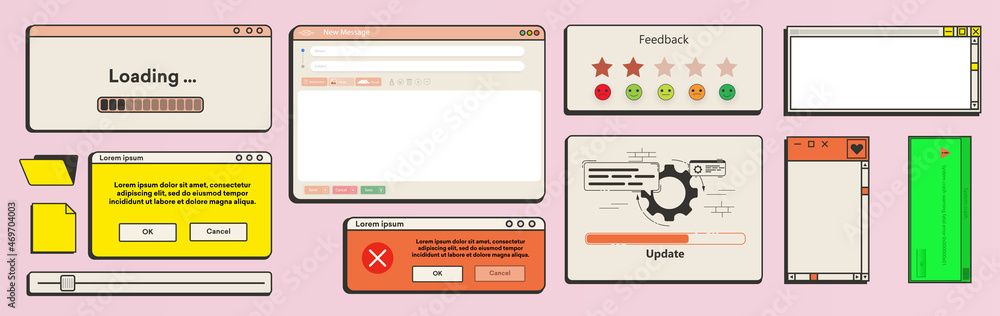 Old user interface. A set of flat UI and UX elements: dialog box, tab ...