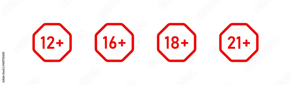 Mark age limit. Set icons 12, 16, 18 and 21 plus. Set of age ...