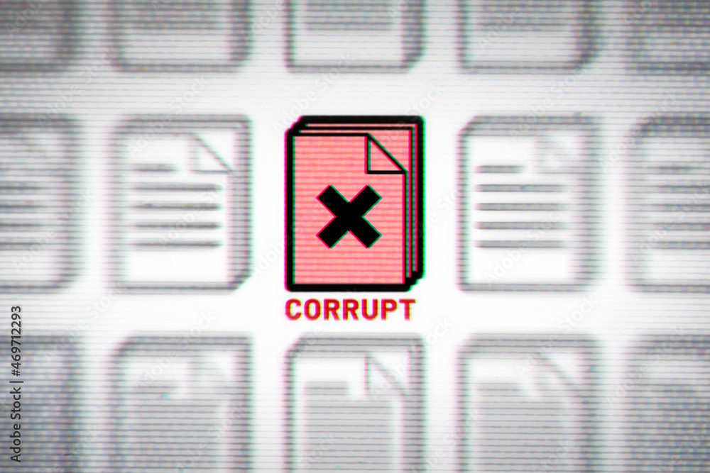 Corrupt document icon. Digital file in red with message, on computer ...