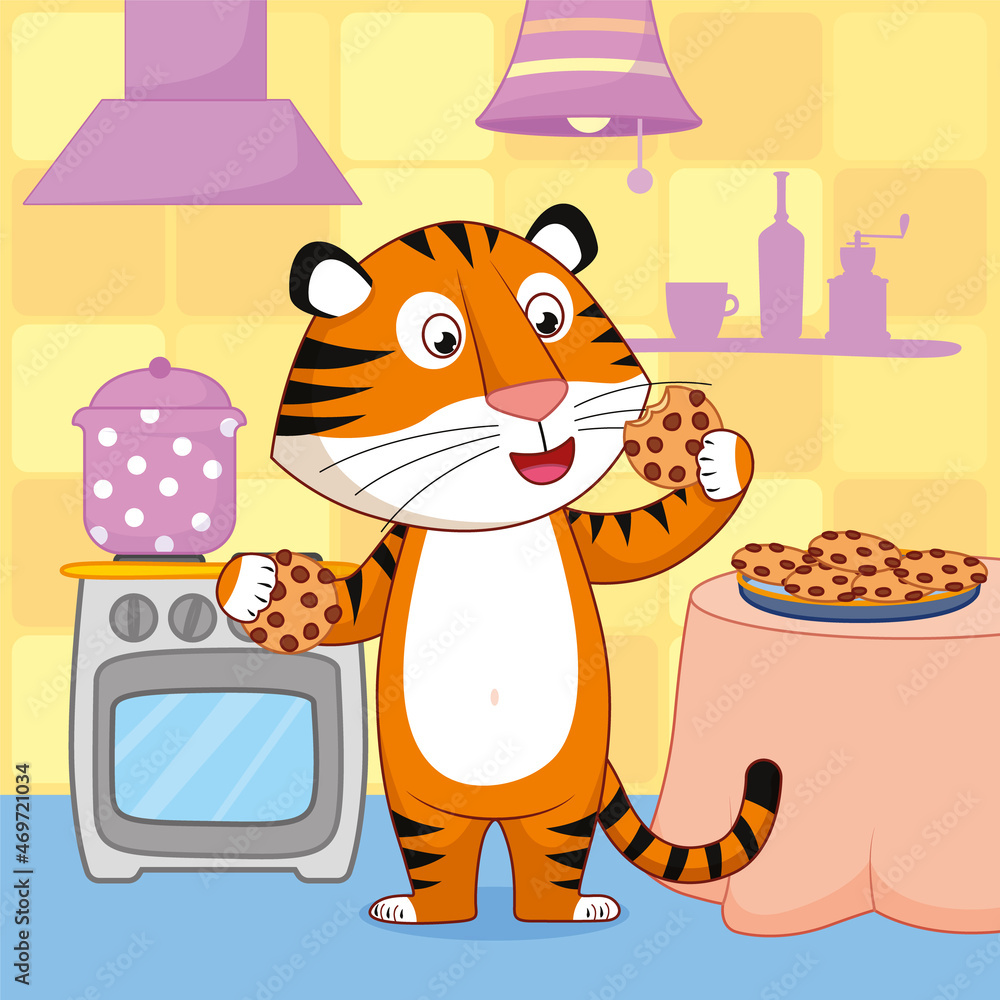 Cute cartoon tiger in the kitchen eating cookies. Vector illustration ...