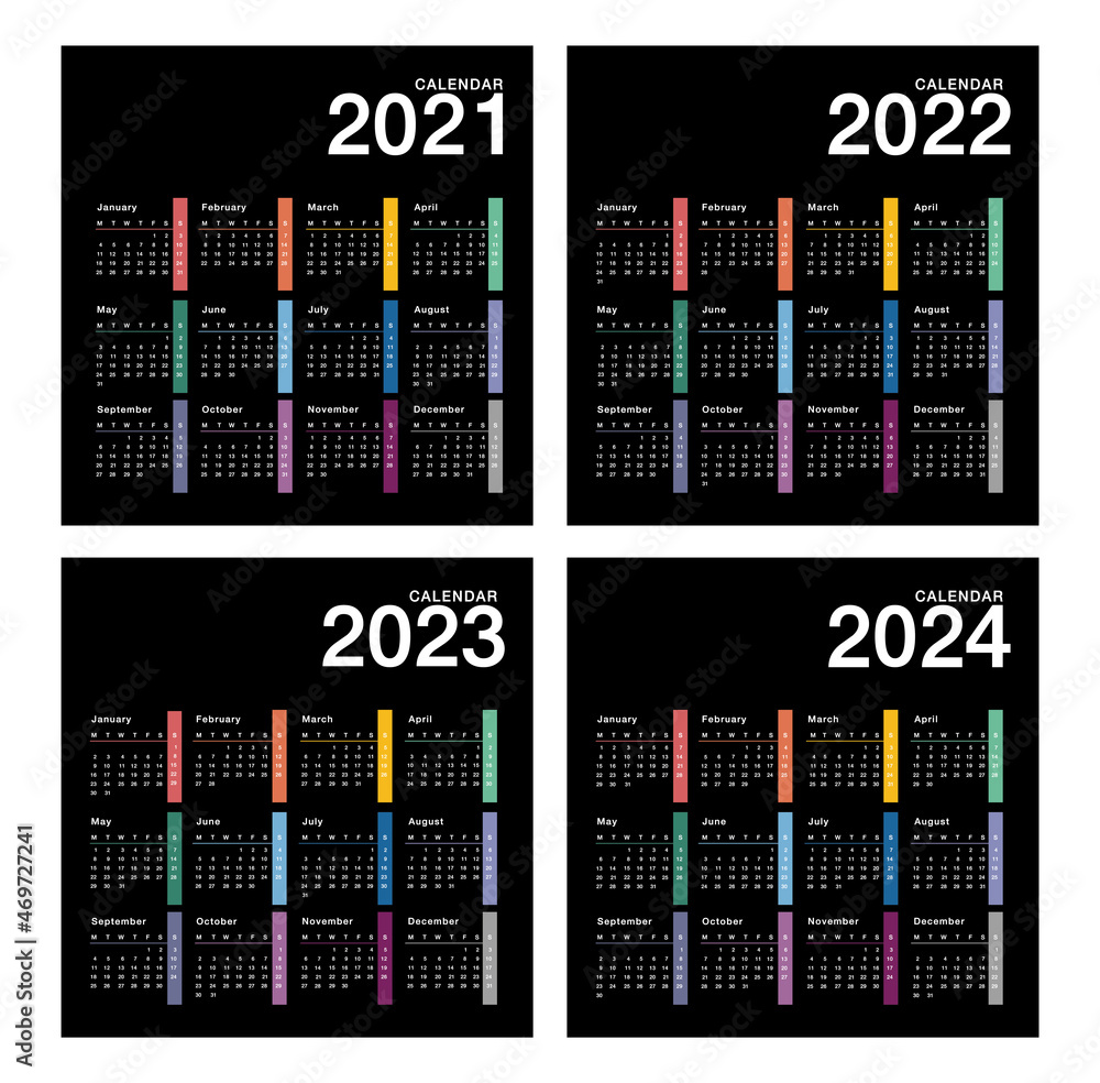 Year 2021 and Year 2022 and Year 2023 and Year 2024 calendar vector ...