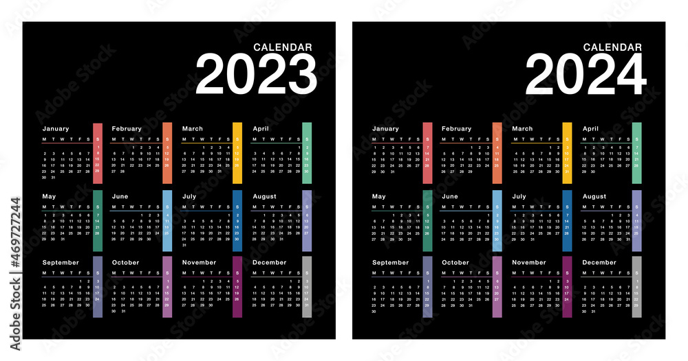 Colorful Year 2023 and Year 2024 calendar horizontal vector design ...