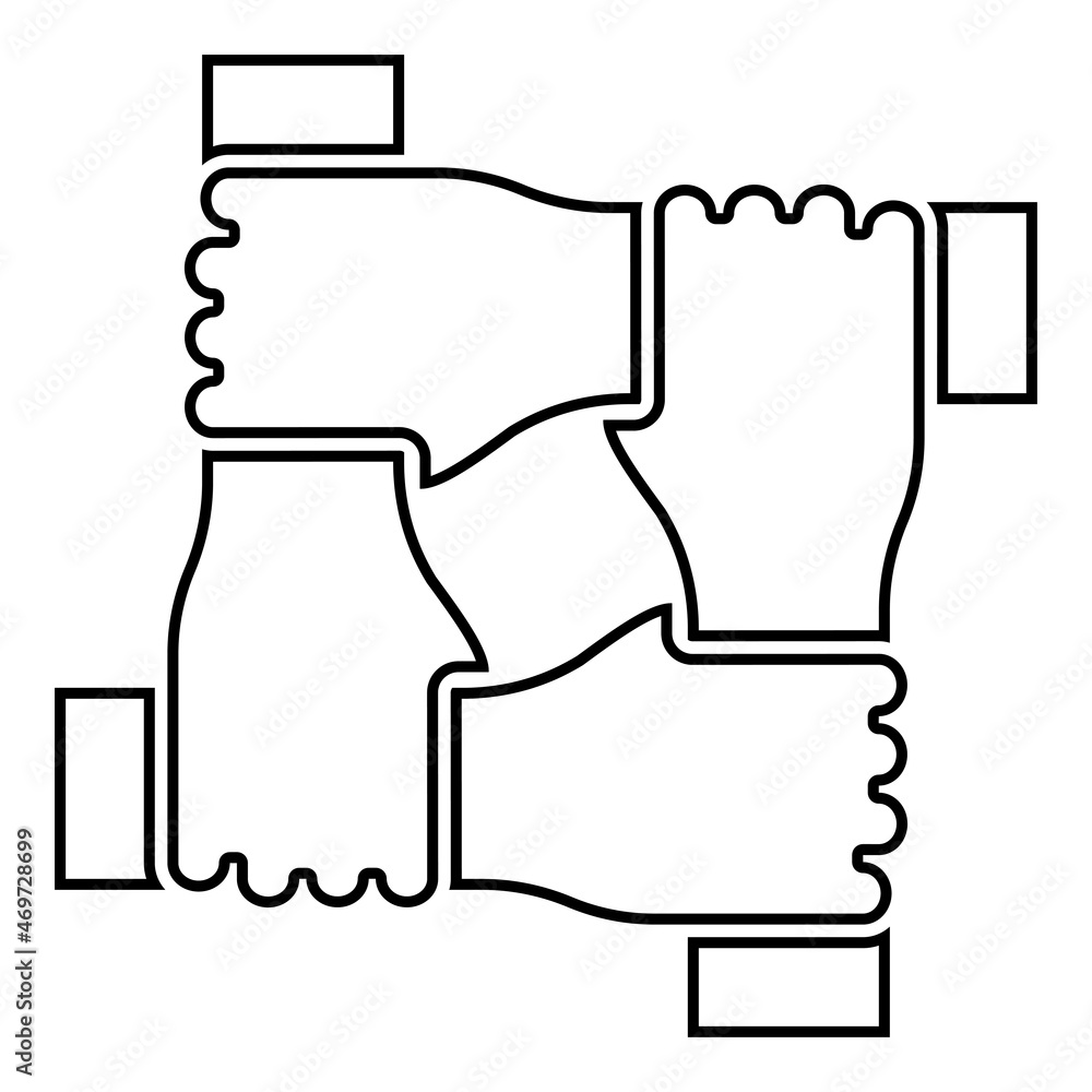 Vetor de Four hands together concept teamwork united teamleading Arm ...