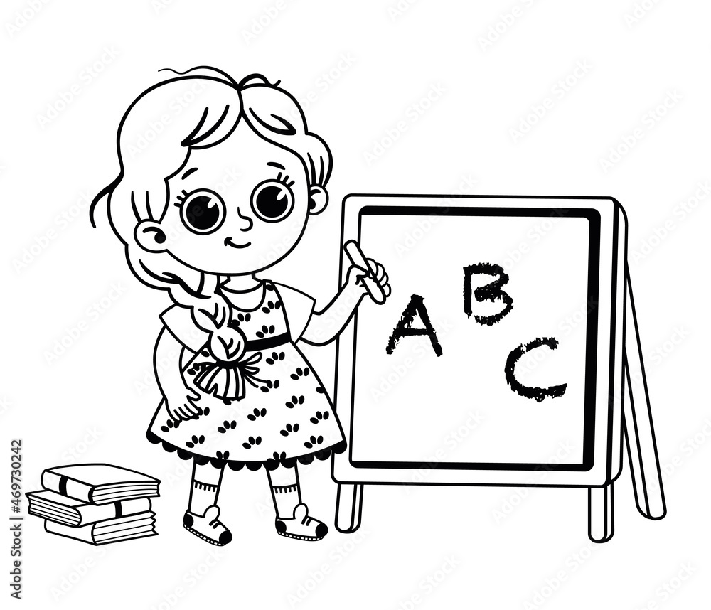 Black and white vector illustration of primary school student in front ...