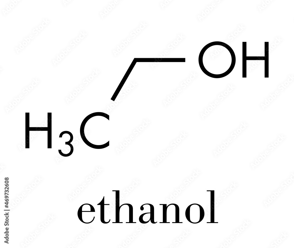 Alcohol (ethanol, ethyl alcohol) molecule, chemical structure. Skeletal ...