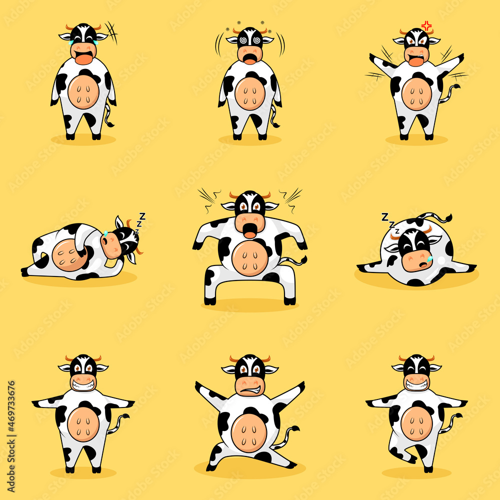 collection of cute cow expression illustration. cry, angry, sleep ...