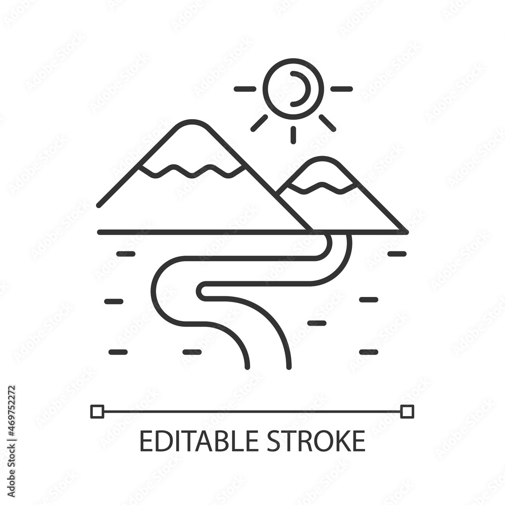 Valley linear icon. Lowland. Long low landform. Area between hills and ...