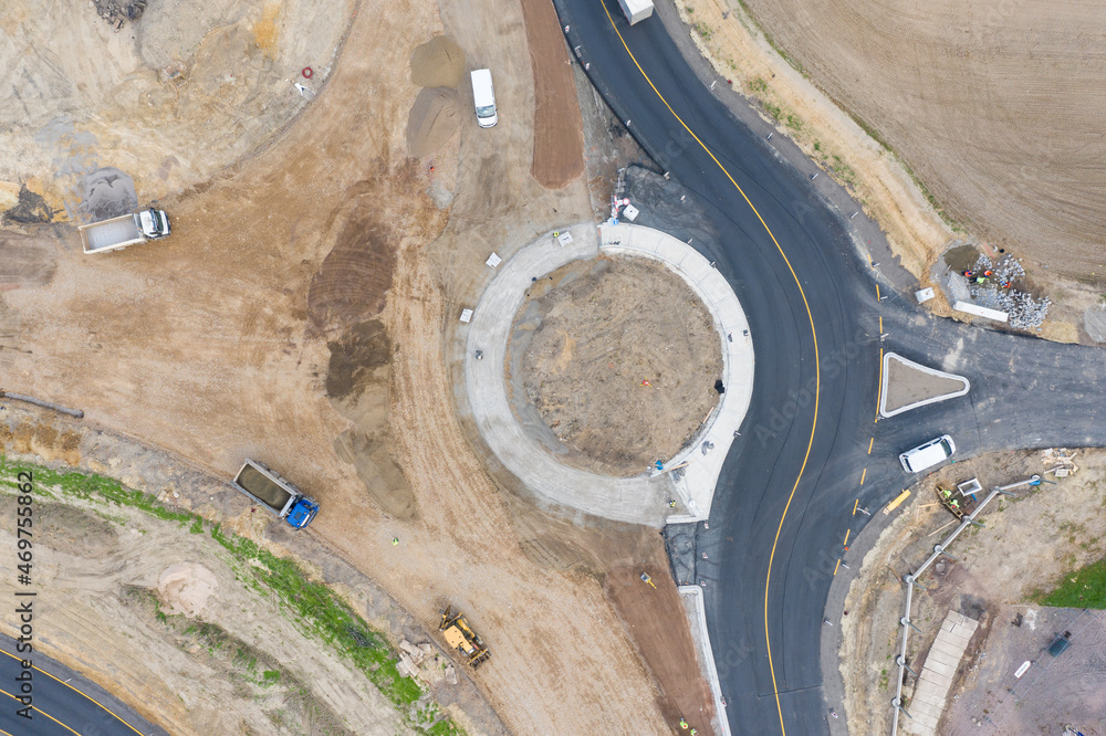 Roundabout under construction Top down aerial view of a traffic ...