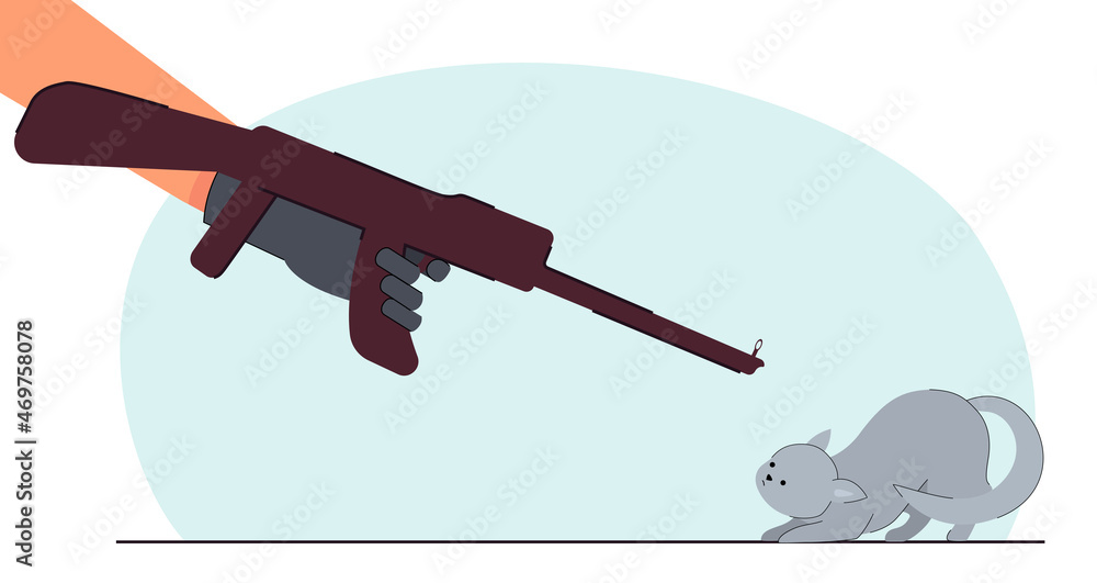 Hand holding rifle and aiming at scared stray cat. Person threatening ...