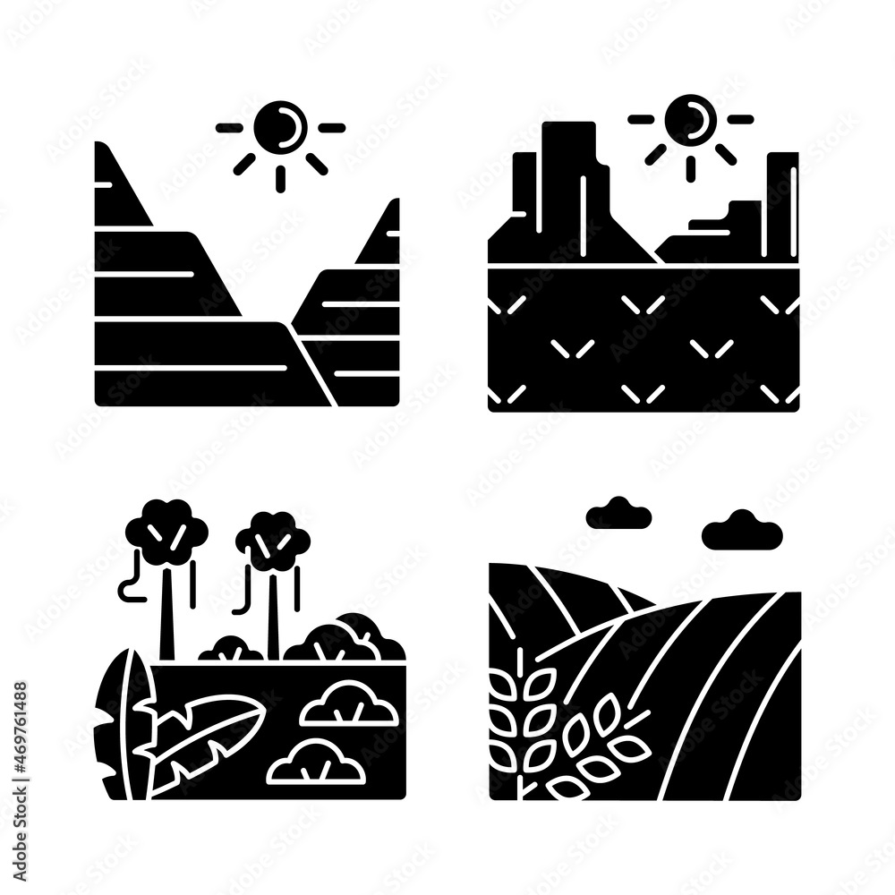 Landforms black glyph icons set on white space. Sediment and rock land ...