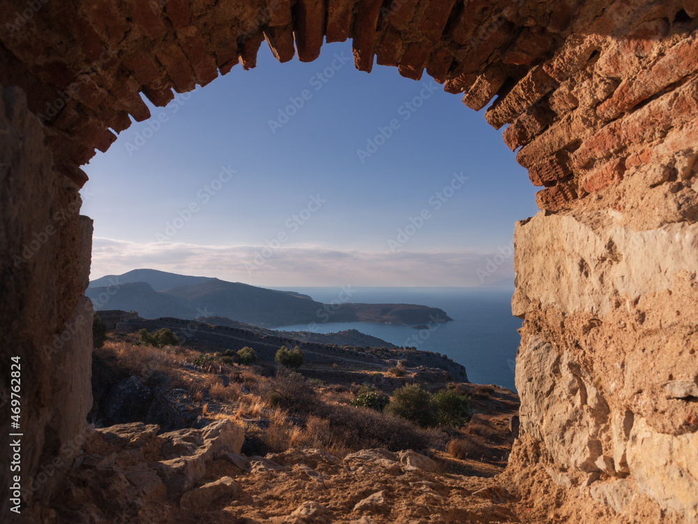 View through window of ruins of ancient Greek fortress Palamidi with ...