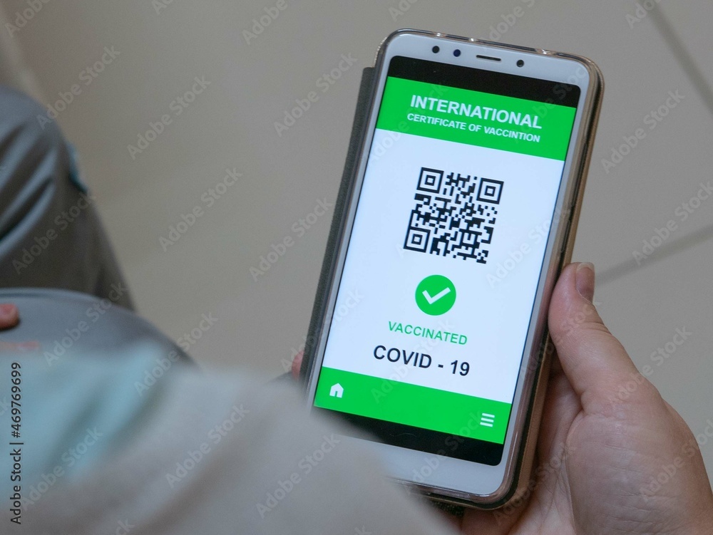 Sanitary pass with QR code on the smartphone screen in hand ...