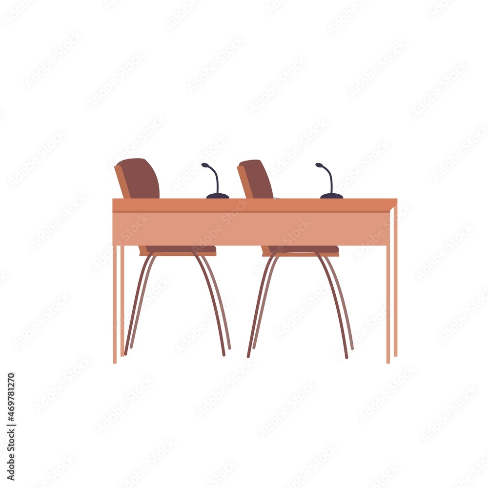 Vector flat cartoon conference table with microphones and chairs ...