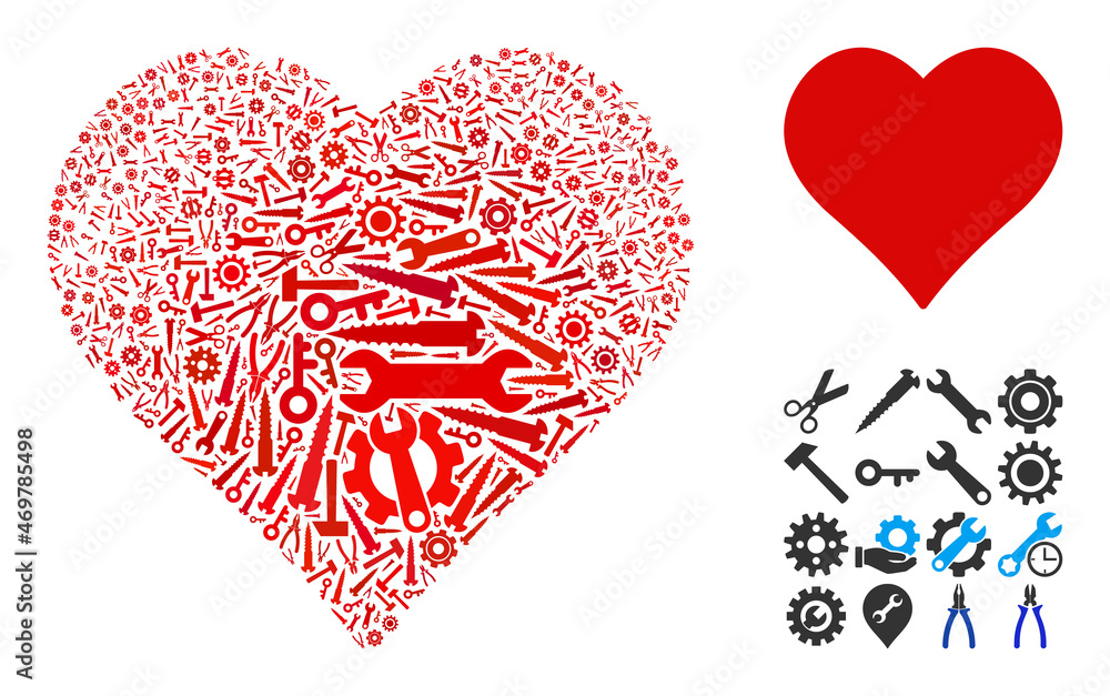 Repair workshop valentine heart mosaic of tools. Vector valentine heart is constructed of gear ...