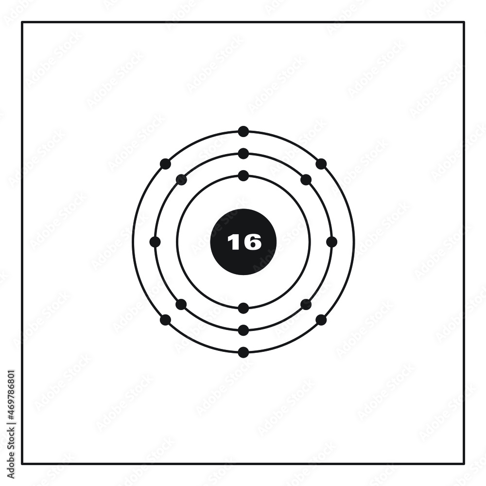 Bohr model representation of the sulfur atom, number 16 and symbol S ...