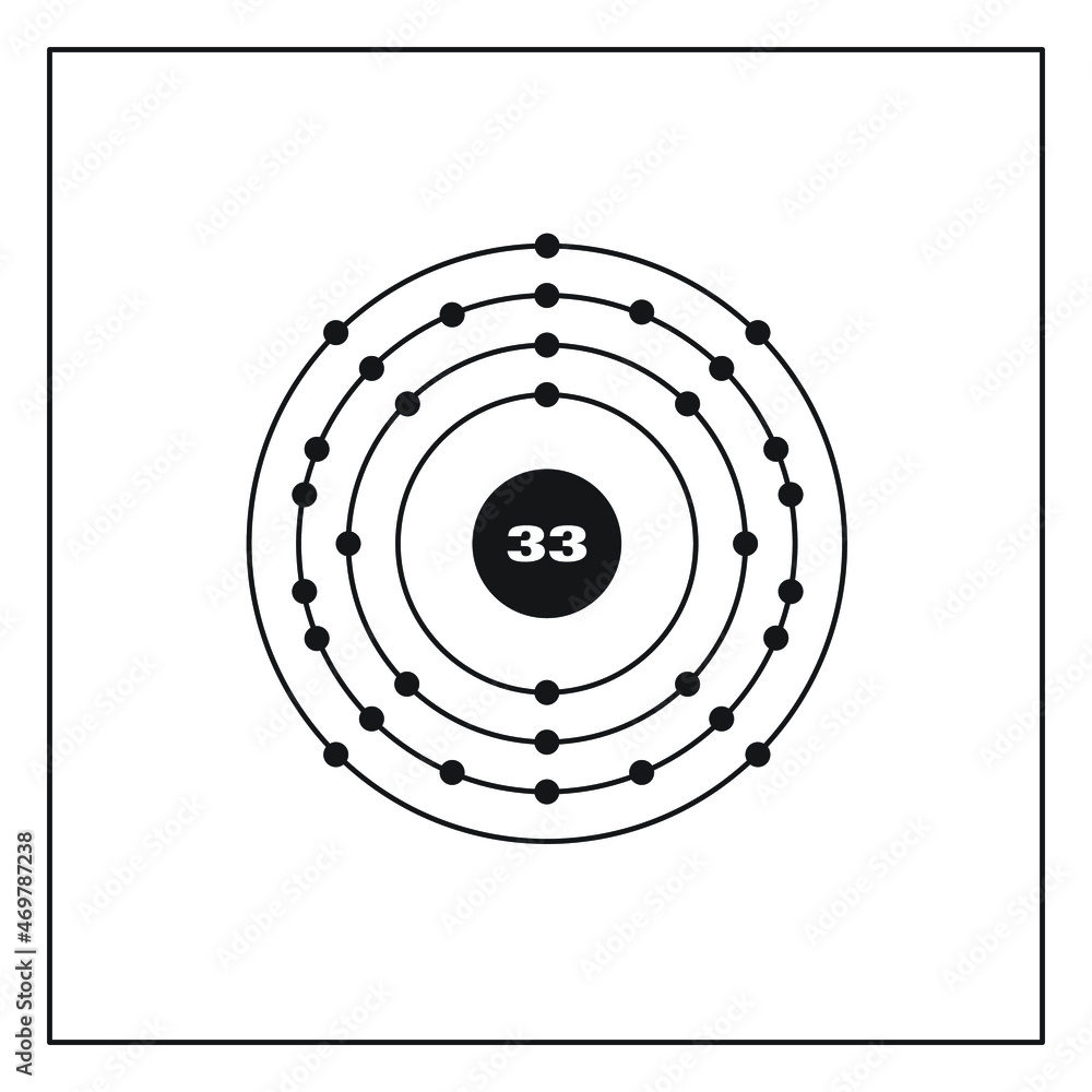 Bohr model representation of the arsenic atom, number 33 and symbol As ...
