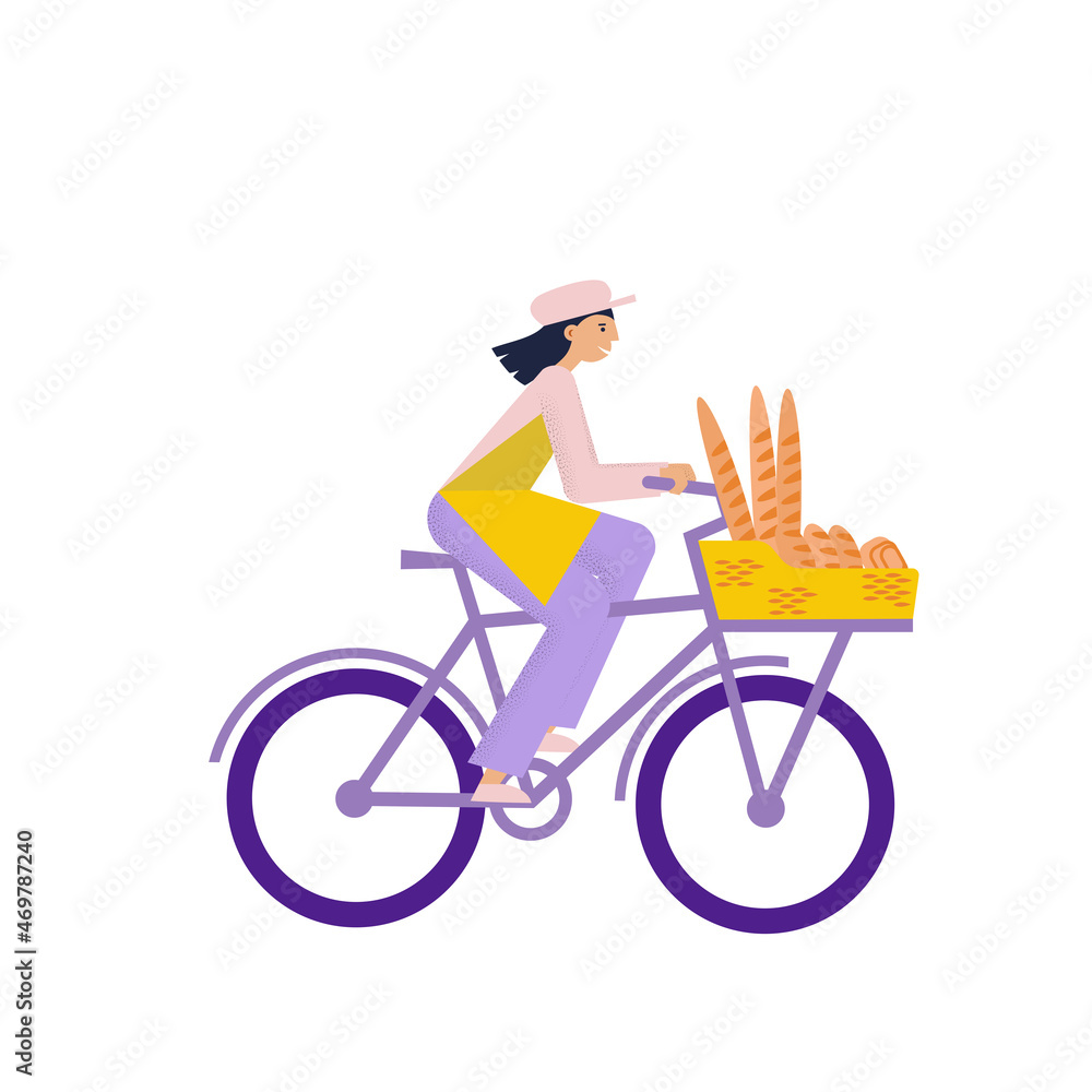Girl riding bakers bike with basket full of pastry. Woman sells bread from bicycle. Flat vector ...