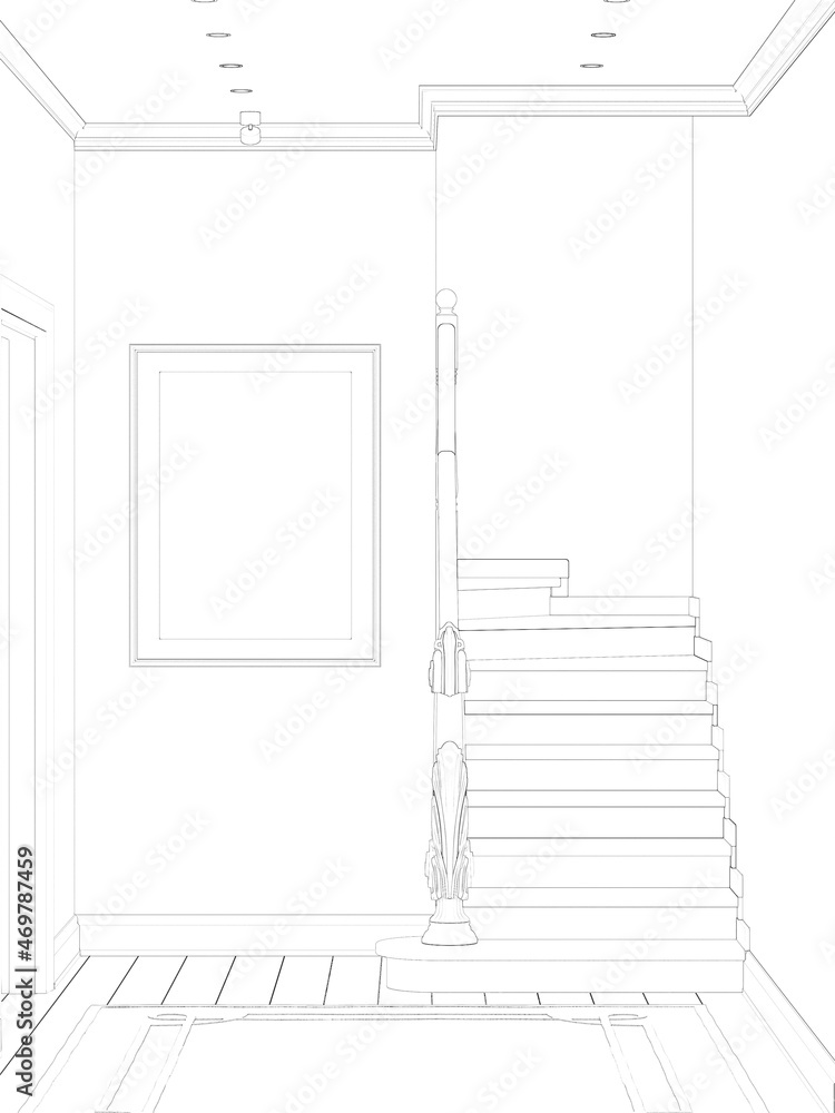Sketch of the hall in a modern classic style with a vertical poster on ...