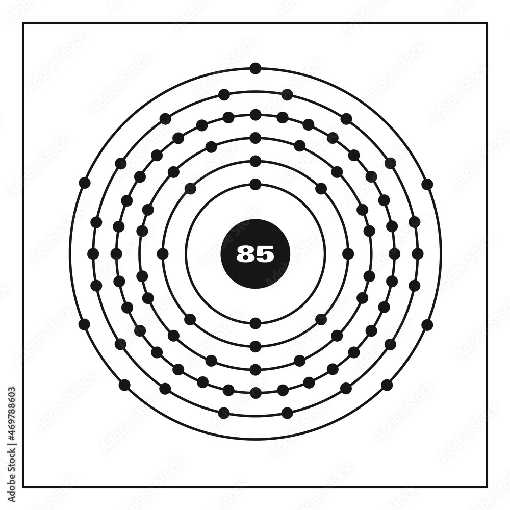 Bohr model representation of the astatine atom, number 85 and symbol At ...