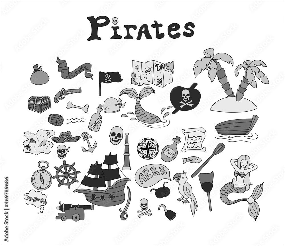 Vector doodle pirate set. A map with a hand-drawn sketch of a mermaid ...