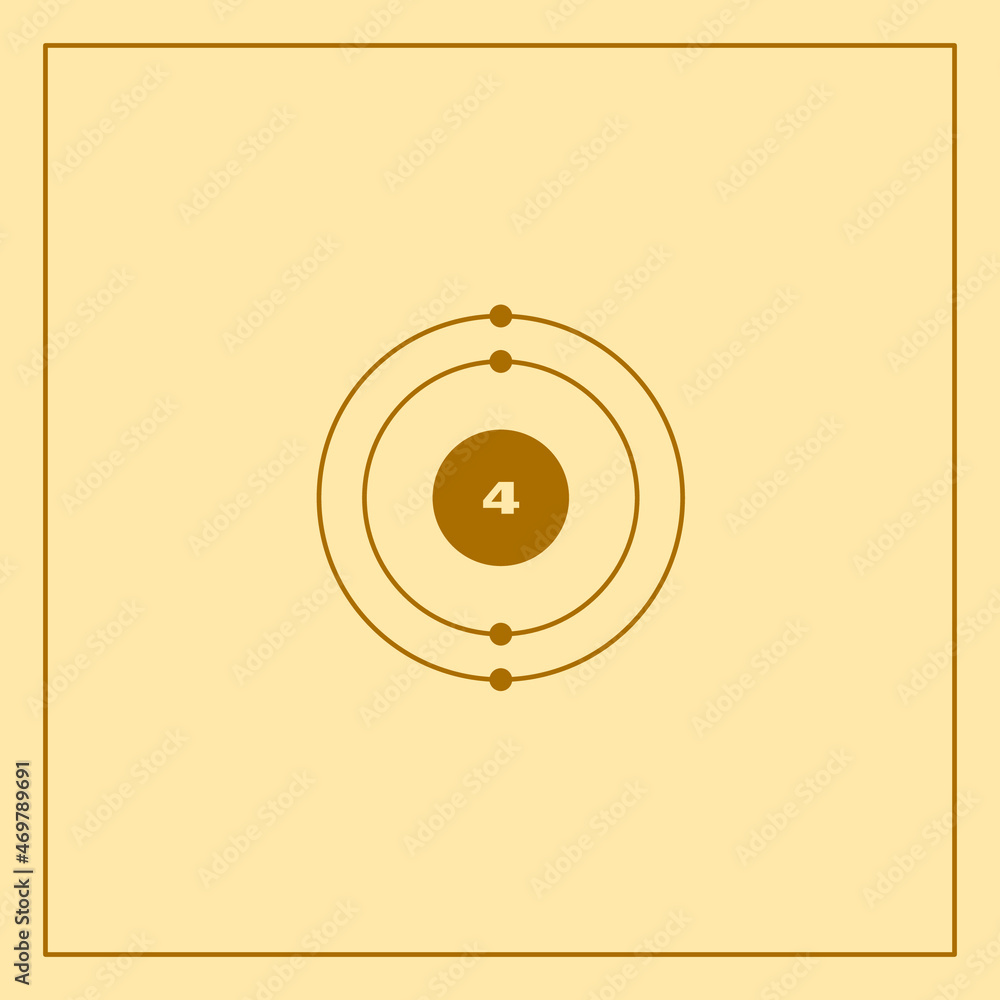 Bohr model representation of the beryllium atom, number 4 and symbol Be ...