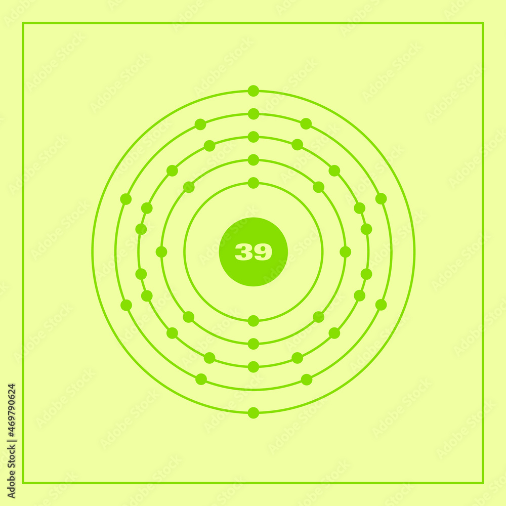 Bohr model representation of the yttrium atom, number 39 and symbol Y ...