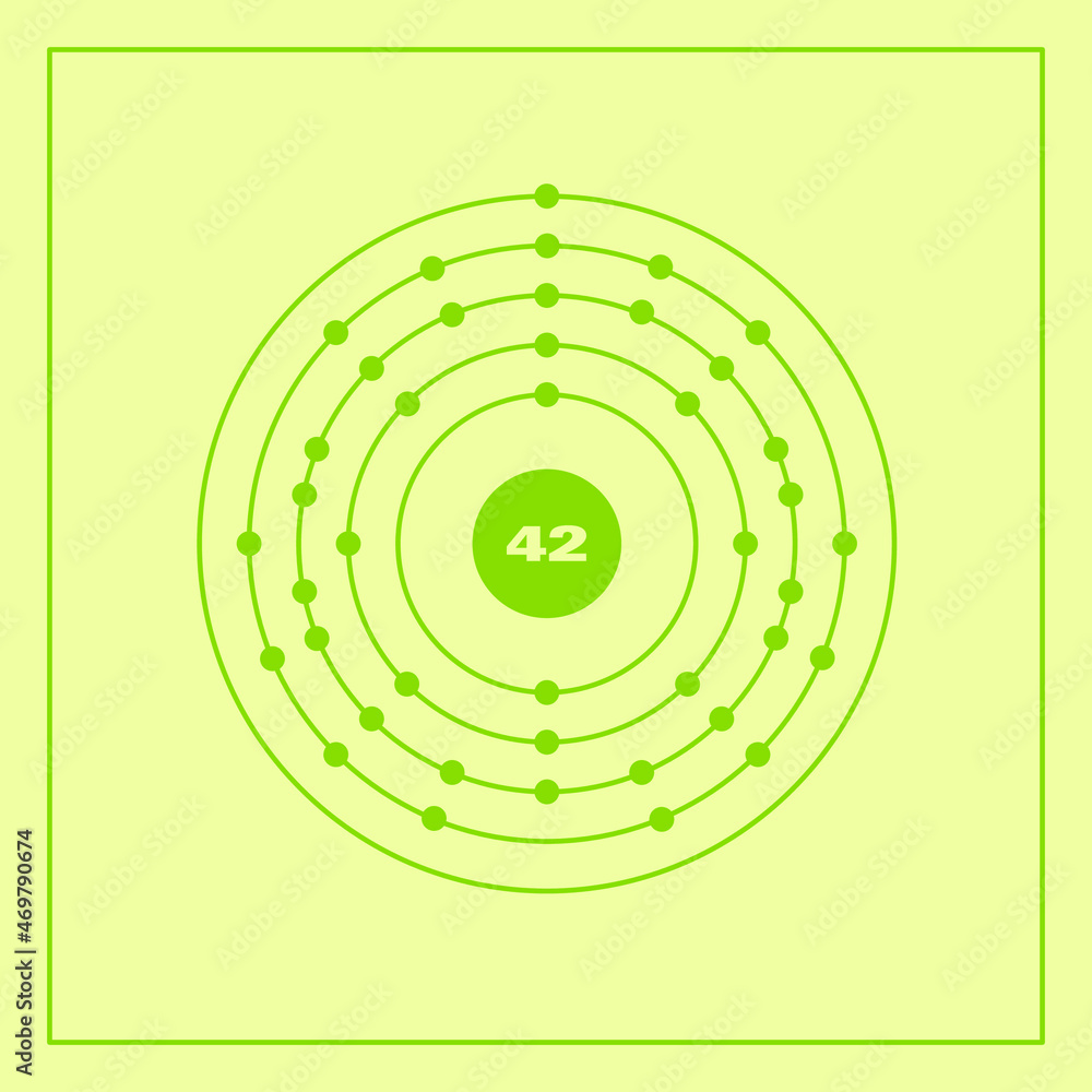 Bohr model representation of the molybdenum atom, number 42 and symbol ...