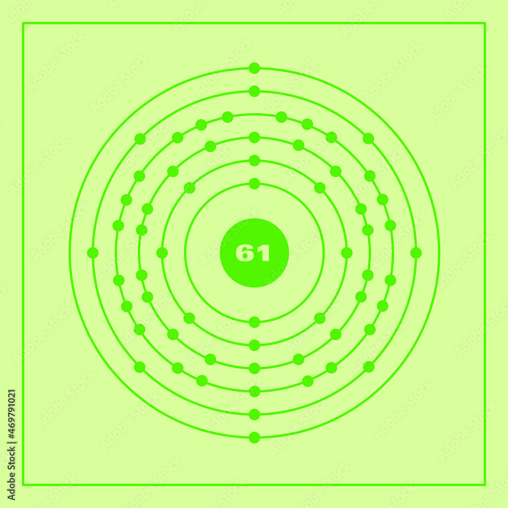 Bohr model representation of the promethium atom, number 61 and symbol ...