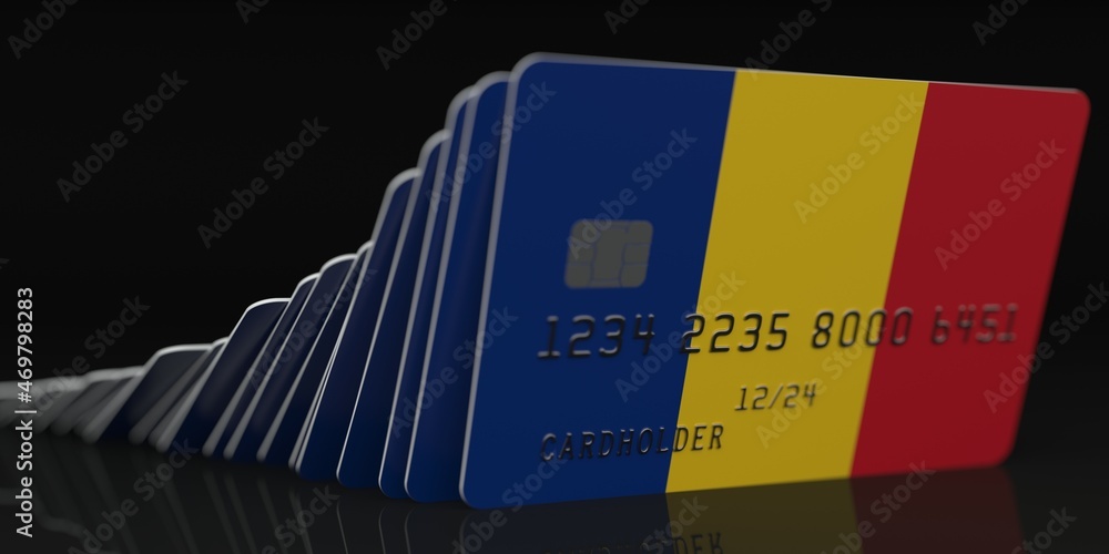 Falling plastic cards with flag of Romania on dark background ...
