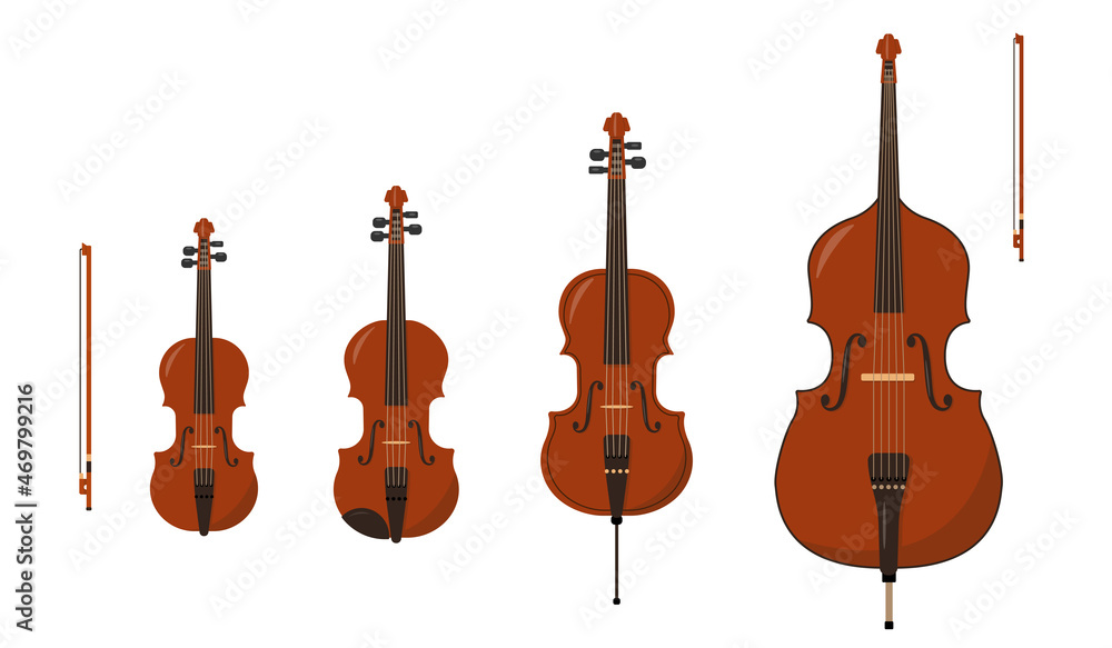 Set of Classical orchestral Stringed Bowed musical instruments isolated on white background ...