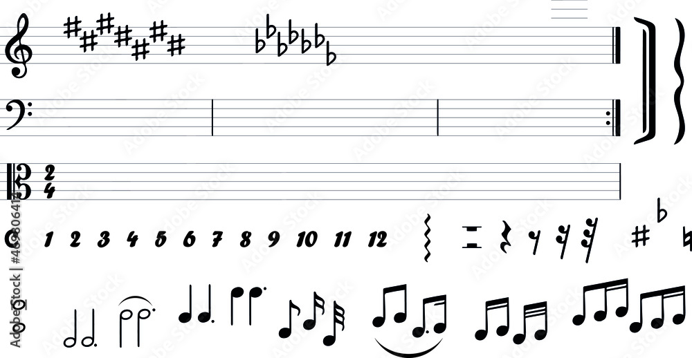 Set of basic black icons of bars notes, rests and isolated musical ...
