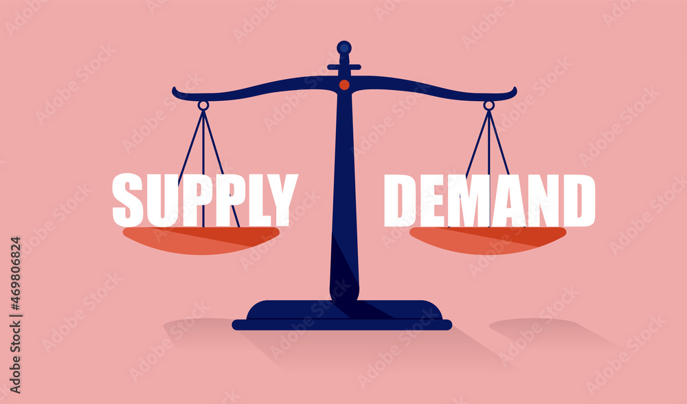 Supply and demand vector illustration. Weight scale with words in equal ...