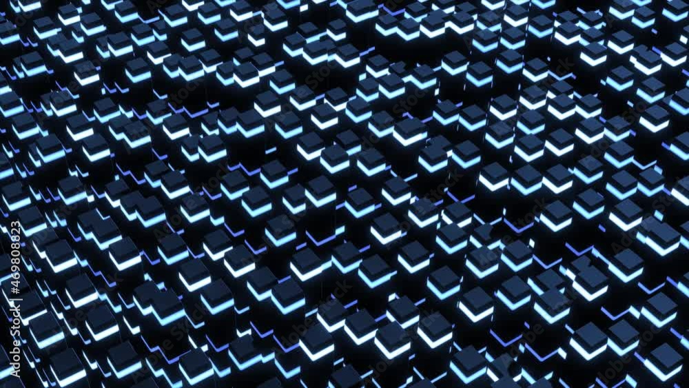 4k abstract looped dark background waves of cubes on plane, neon lights ...