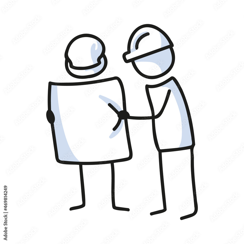 Drawn stick figure with blueprints. Construction worker for industry ...