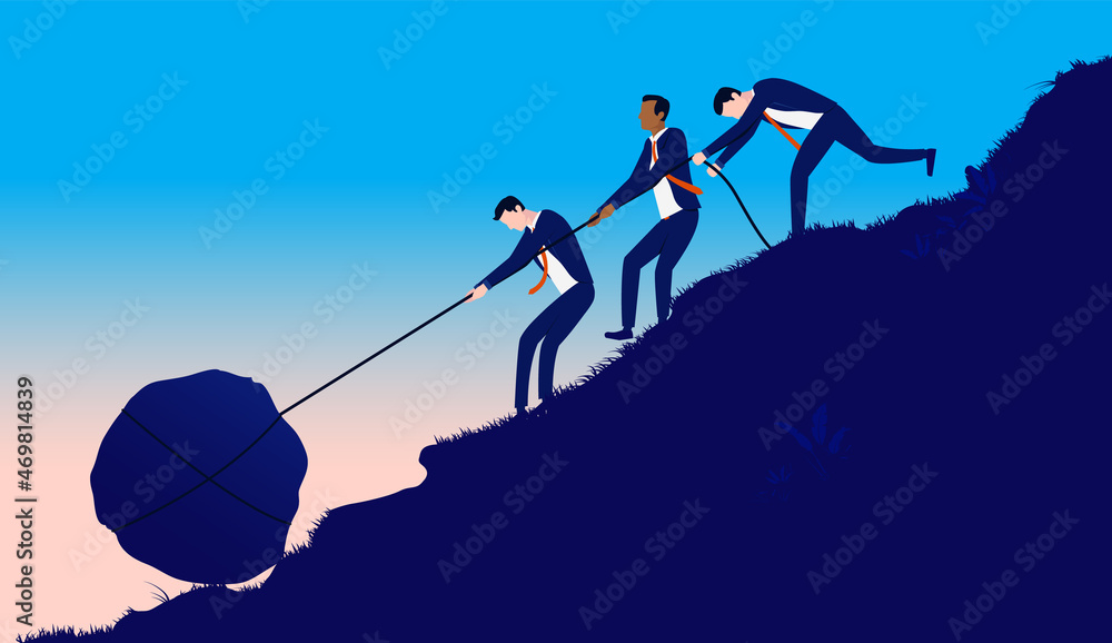Team working hard - Determined businessmen pulling heavy rock up hill. Teamwork, difficulty and ...