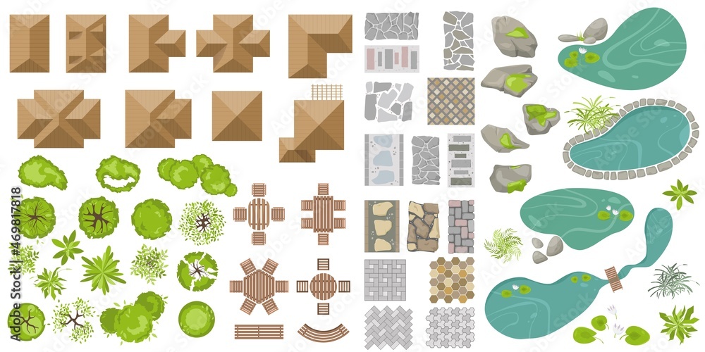Set Architectoral and Landscape elements top view. Collection of houses ...