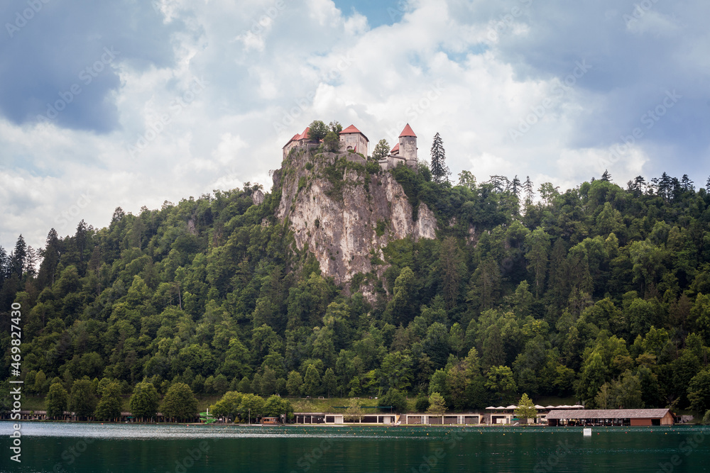 Panorama of the Bled lake, Blejsko Jezero, with its castle, Blejski ...