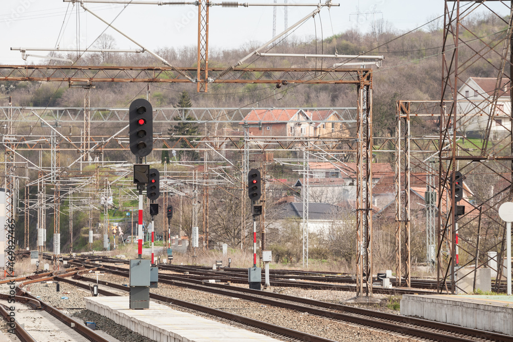 Railroad red light signals Recently reconstructed tracks on the ...