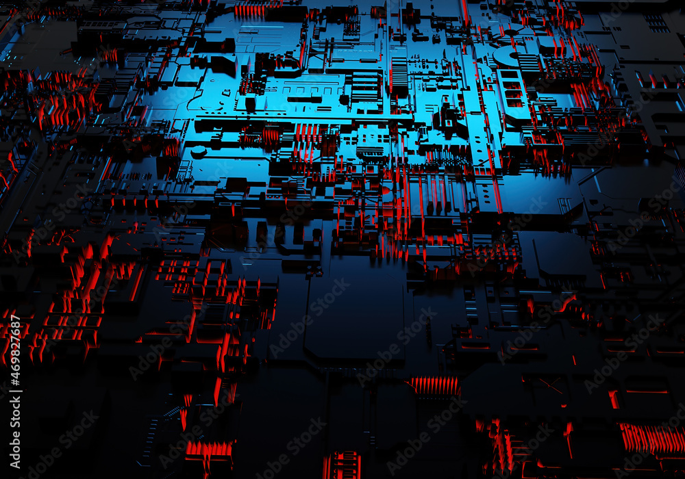Dark PCB background with red lines. Electronic circuit board background ...
