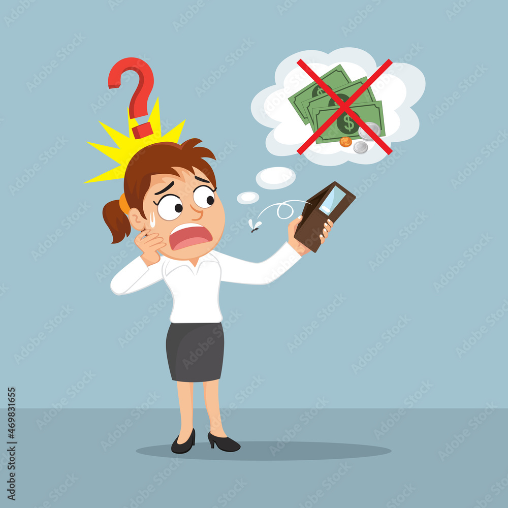 Cartoon businesswoman looking in her empty wallet no money, Financial ...