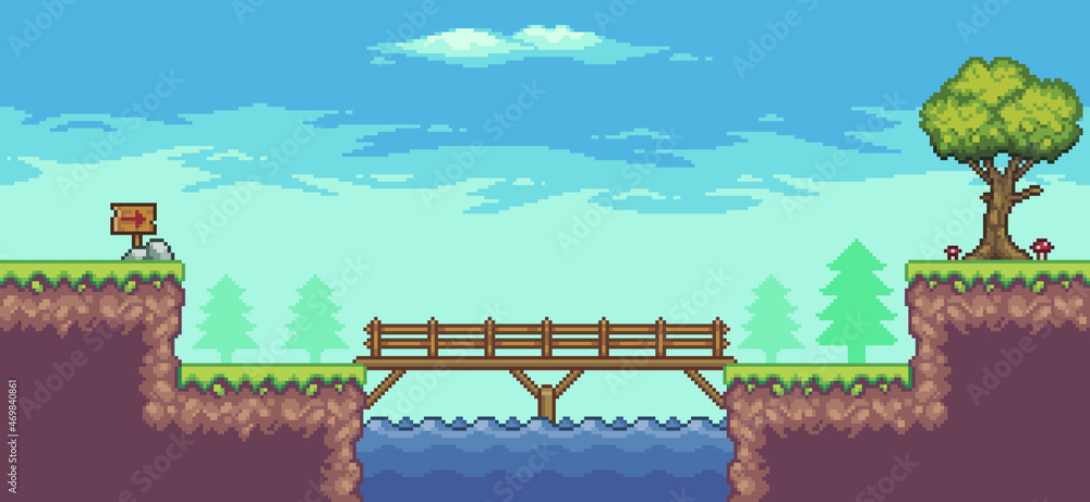 Vecteur Stock Pixel art arcade game scene with tree, lake, bridge ...