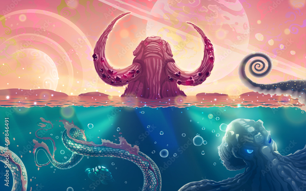 Summer fairy tale sea landscape with big rock as mammoth with tusks ...