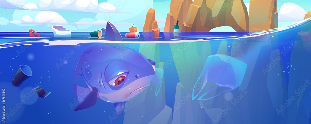 Sad shark underwater in sea with floating plastic trash. Ocean ...