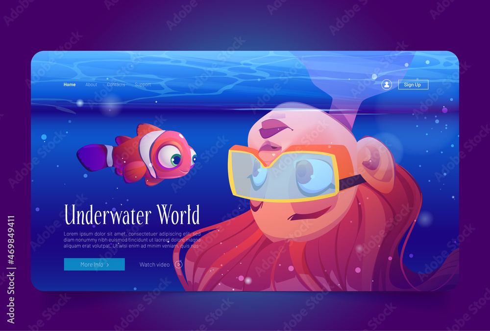 Underwater world cartoon landing page, scuba diver girl wear glasses ...
