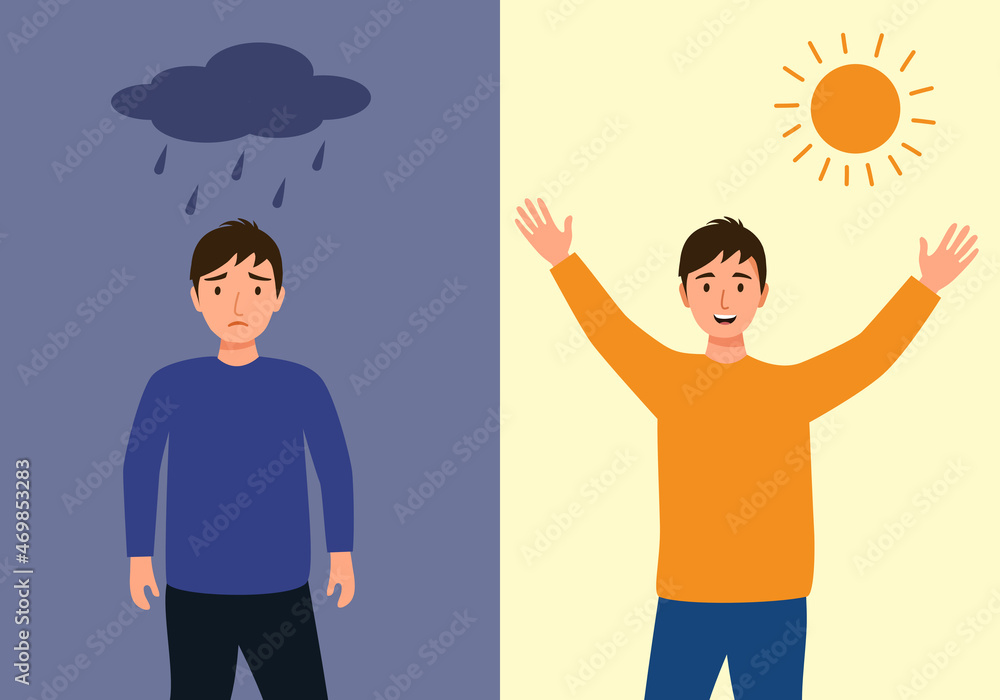 Young man in sad and happy mood in flat design. Positive and negative ...